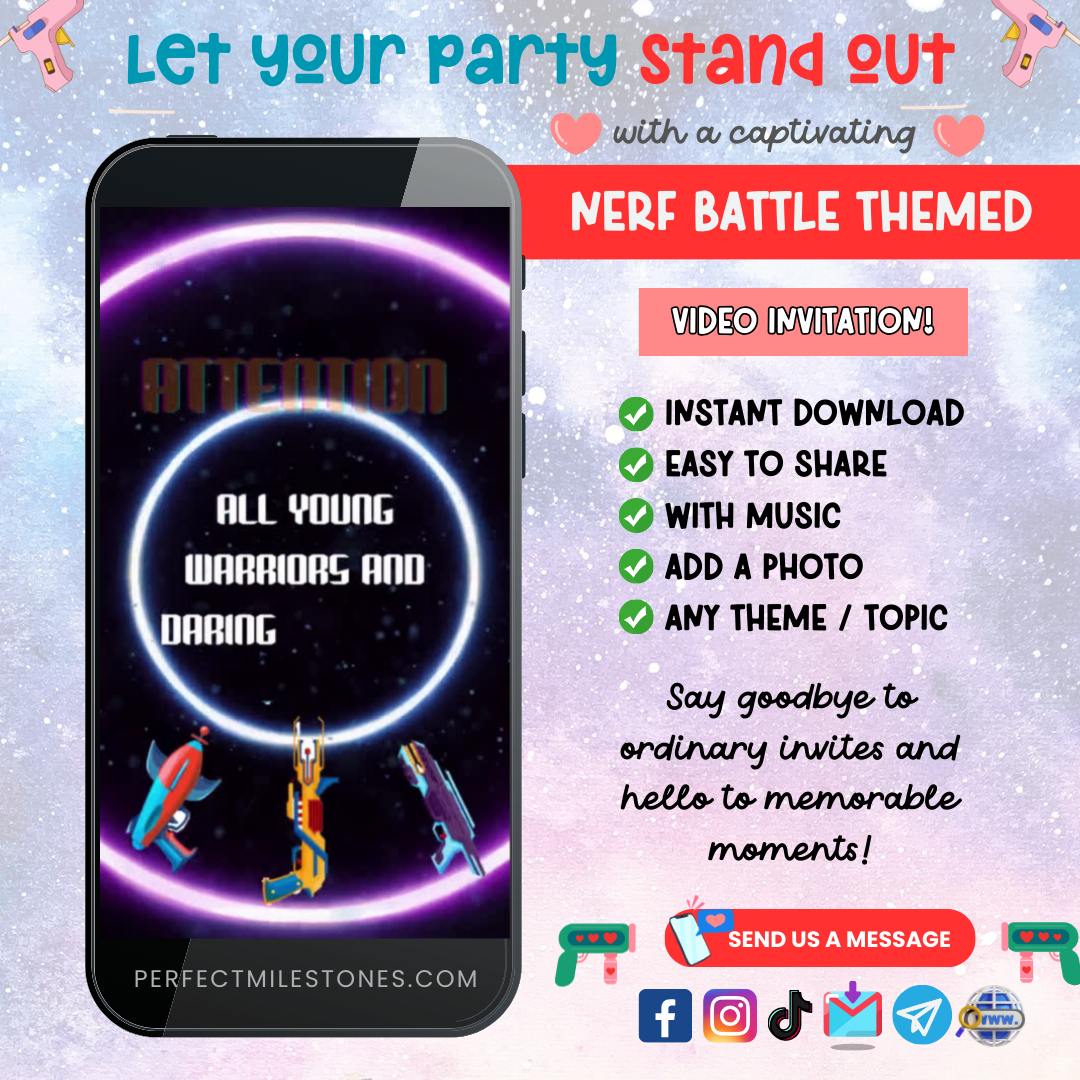 Nerf Battle Birthday Themed Digital Video Invitation - Perfect Milestones