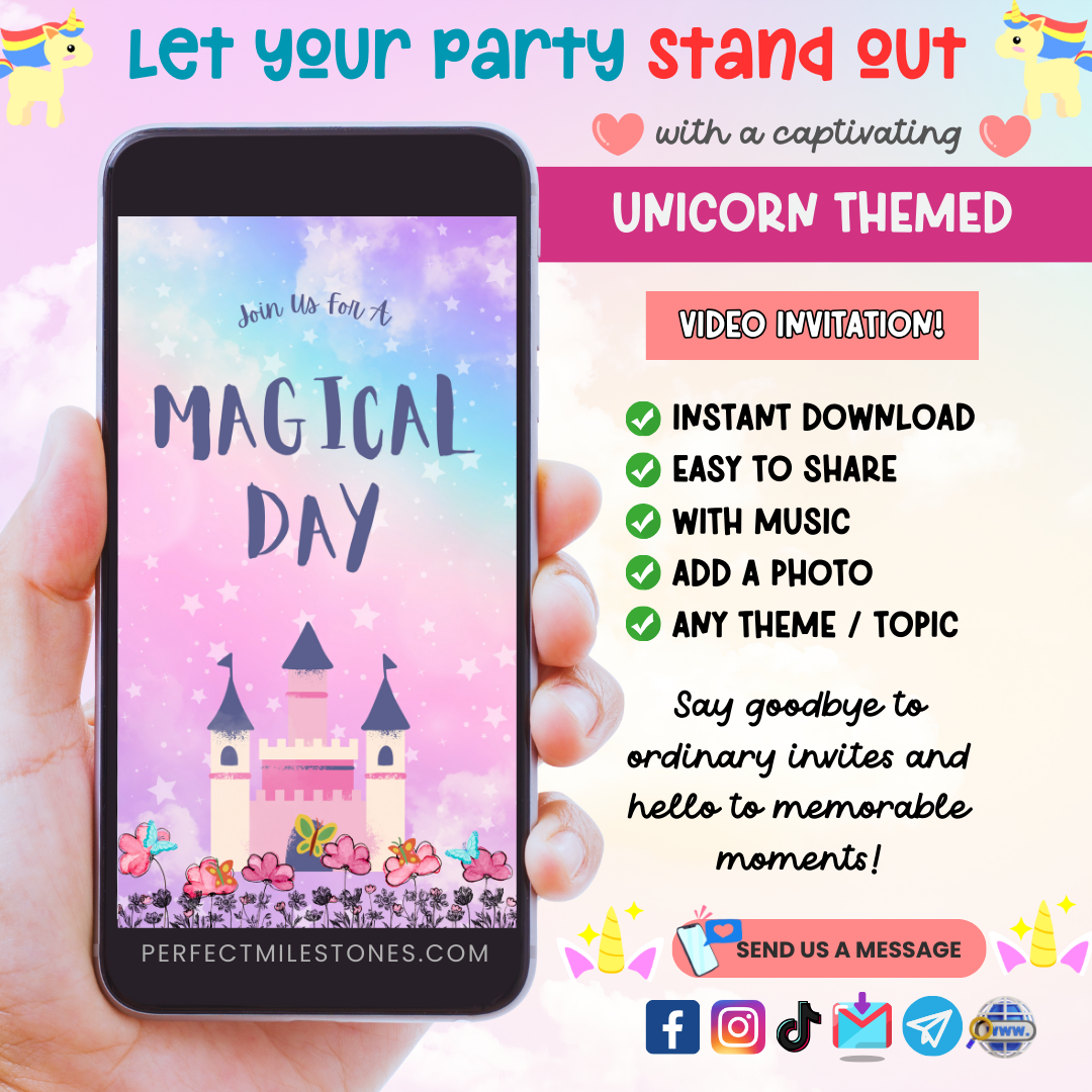 Unicorn Birthday Themed Digital Video Invitation - Perfect Milestones