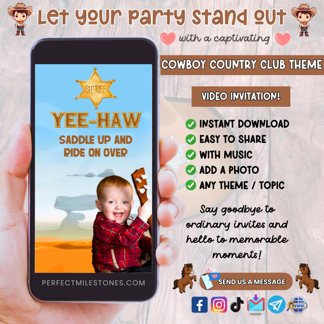 Cowboy Country Club Birthday Themed Digital Video Invitation - Perfect ...