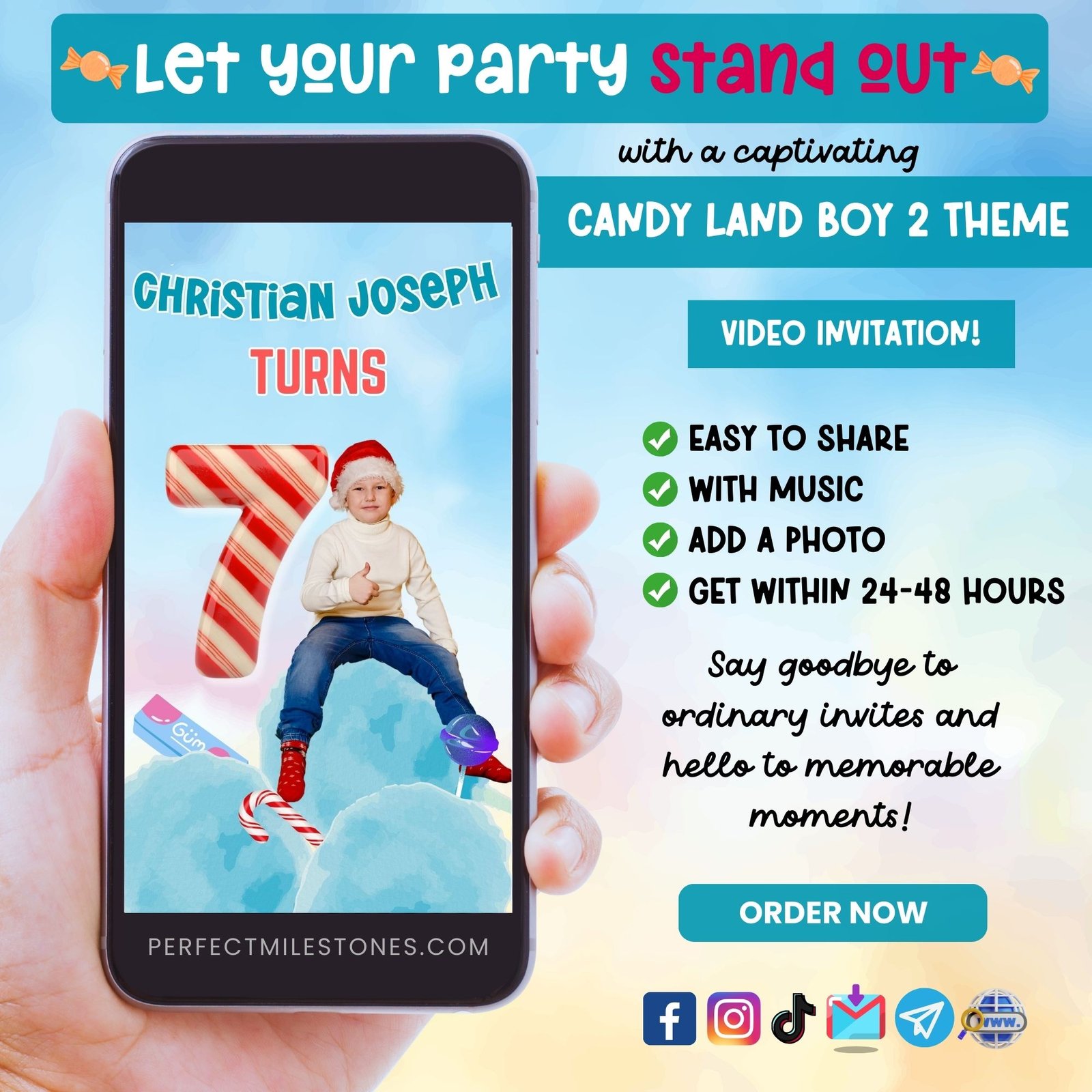 Candy Land Boy 2 Theme Digital Video Invitation - Perfect Milestones