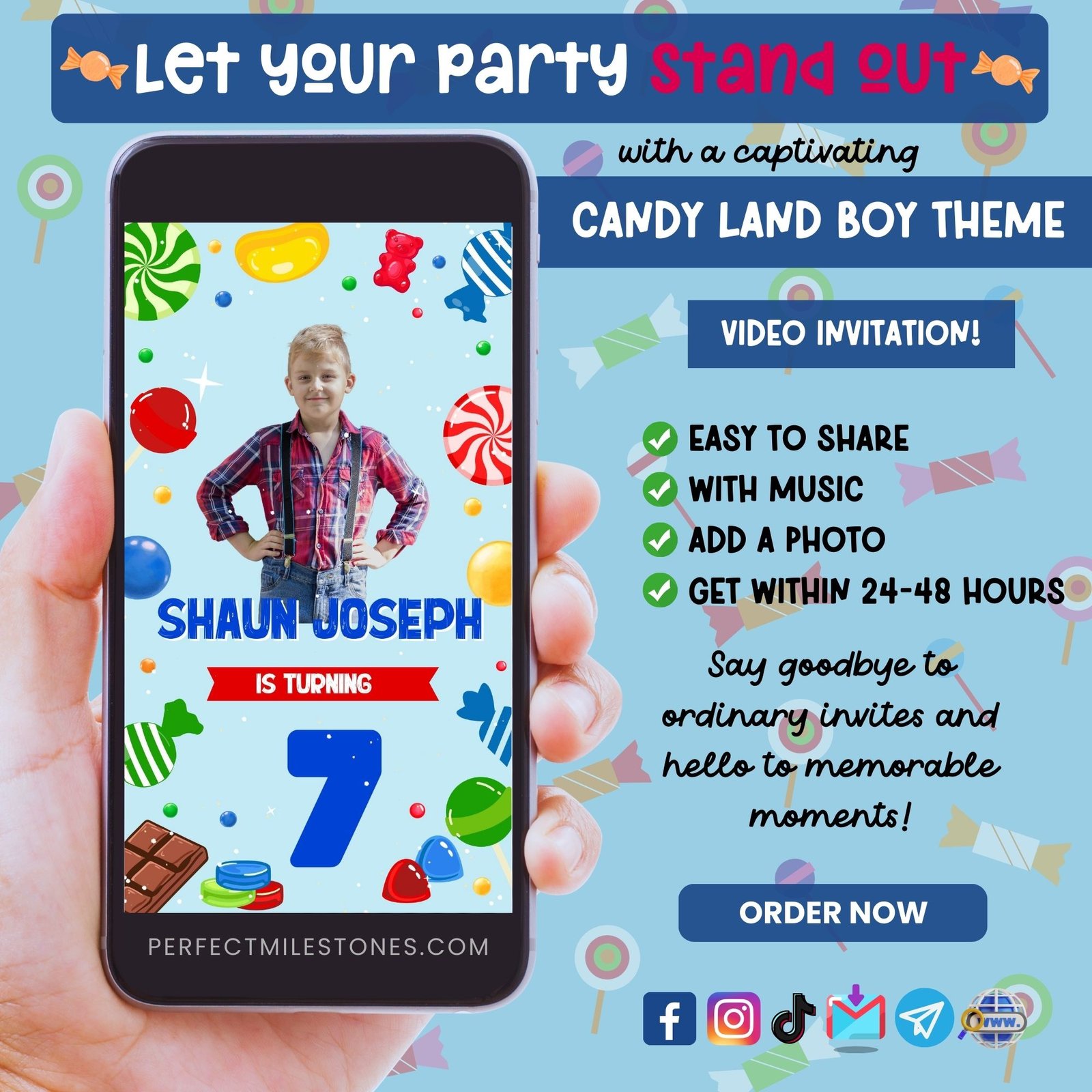 Candy Land Boy Theme Digital Video Invitation - Perfect Milestones