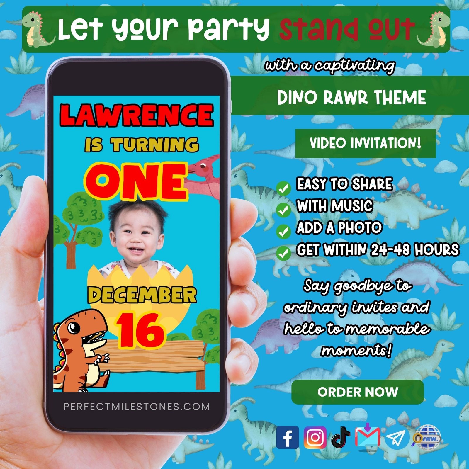 Dino Rawr Theme Digital Video Invitation - Perfect Milestones