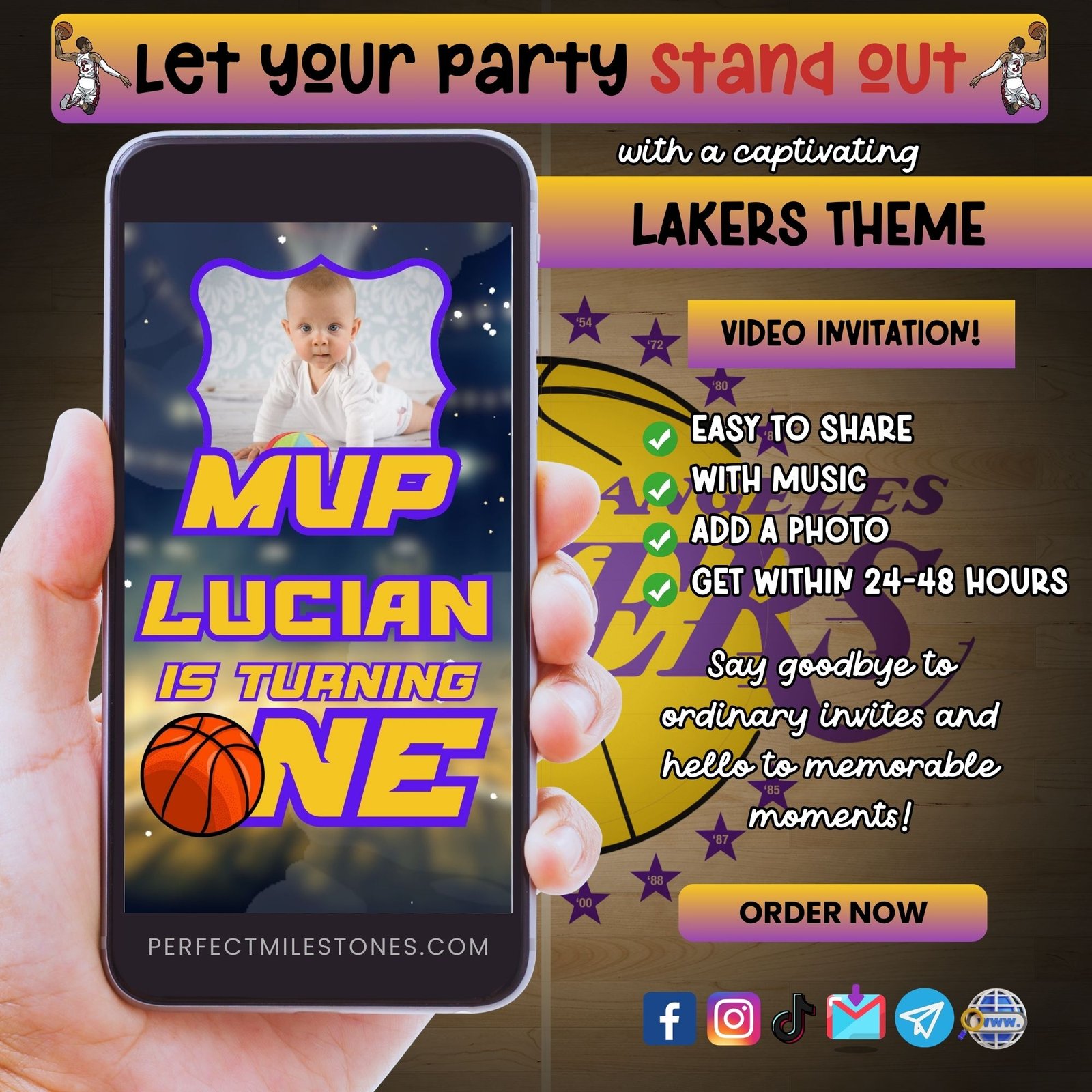 Lakers Theme Digital Video Invitation - Perfect Milestones